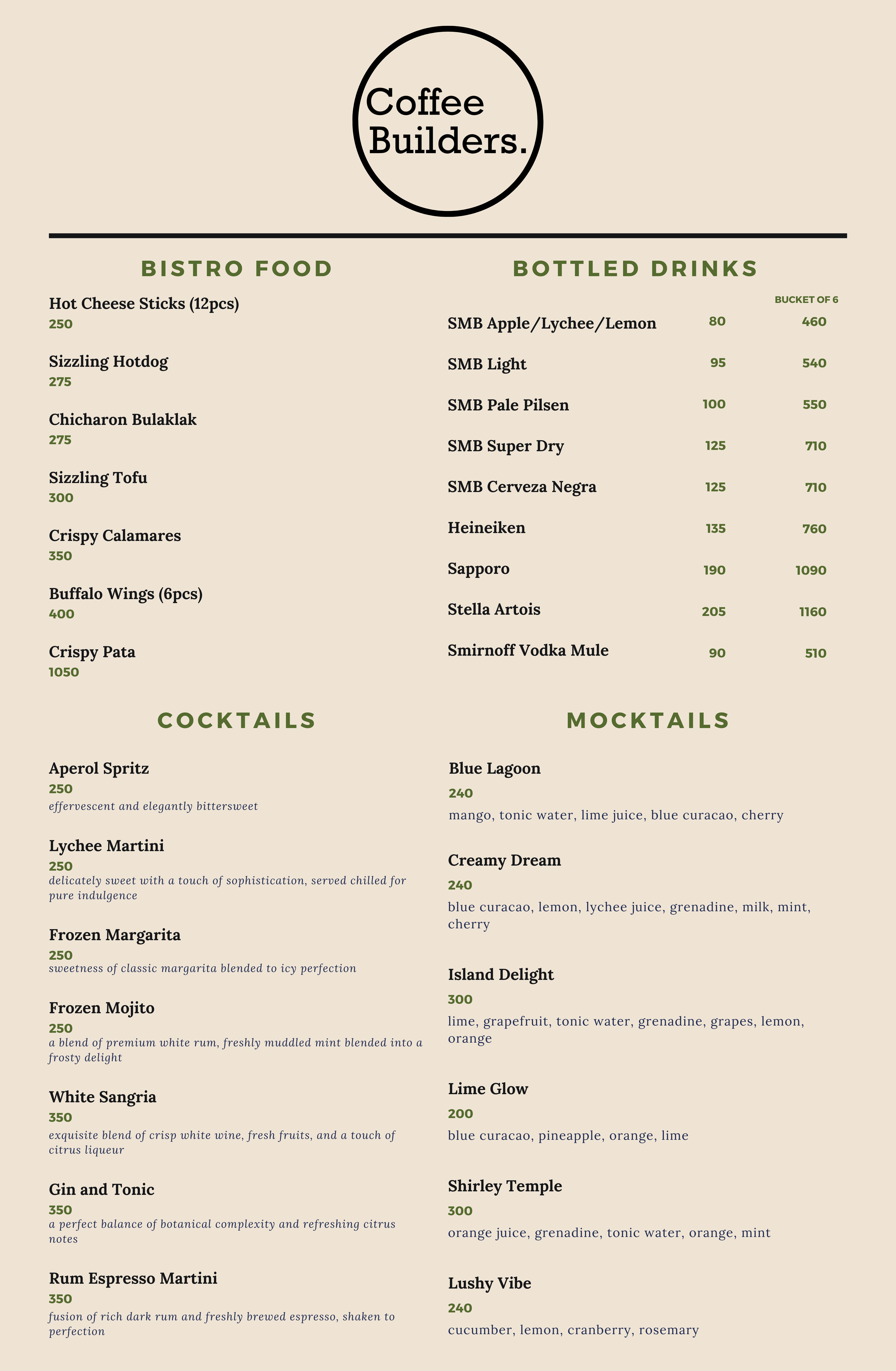 Coffee Builders. Menu